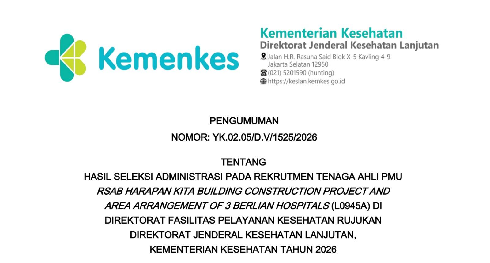 Administrative Selection Results for PMU Experts: RSAB Harapan Kita 3 ...